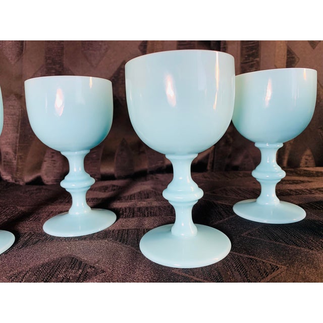 1930s Antique French Blue Opaline Glass Wine Goblets By Portieux