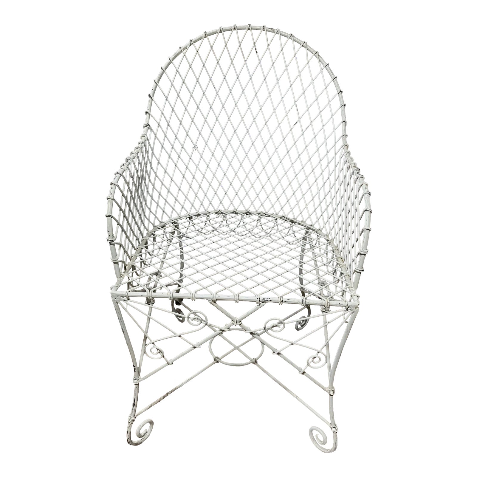 Early 20th Century French White Painted Iron Wire Tub Chair | Chairish