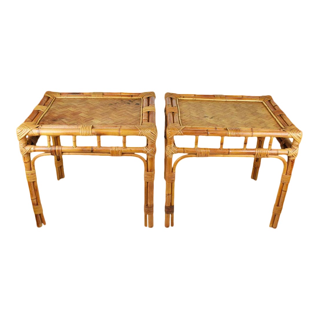 Rectangular Brown Bamboo Rattan Wrapped Side Tables After Franco Albini ...