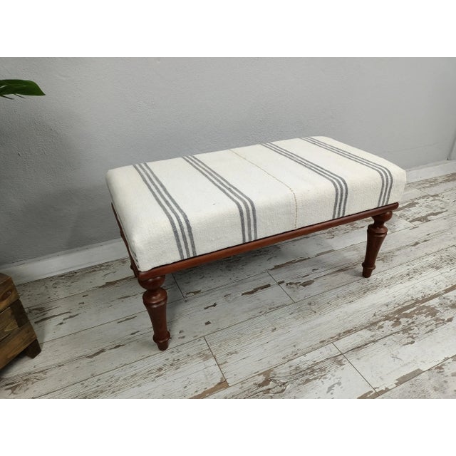 White Gray Striped Kilim Upholstered Bench | Chairish