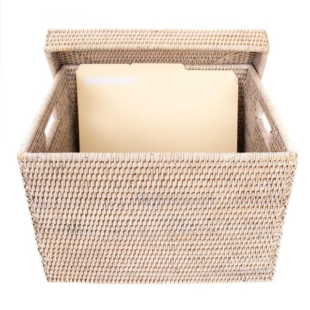 Artifacts Rattan Letter File Storage Box with Lid in White Wash | Chairish