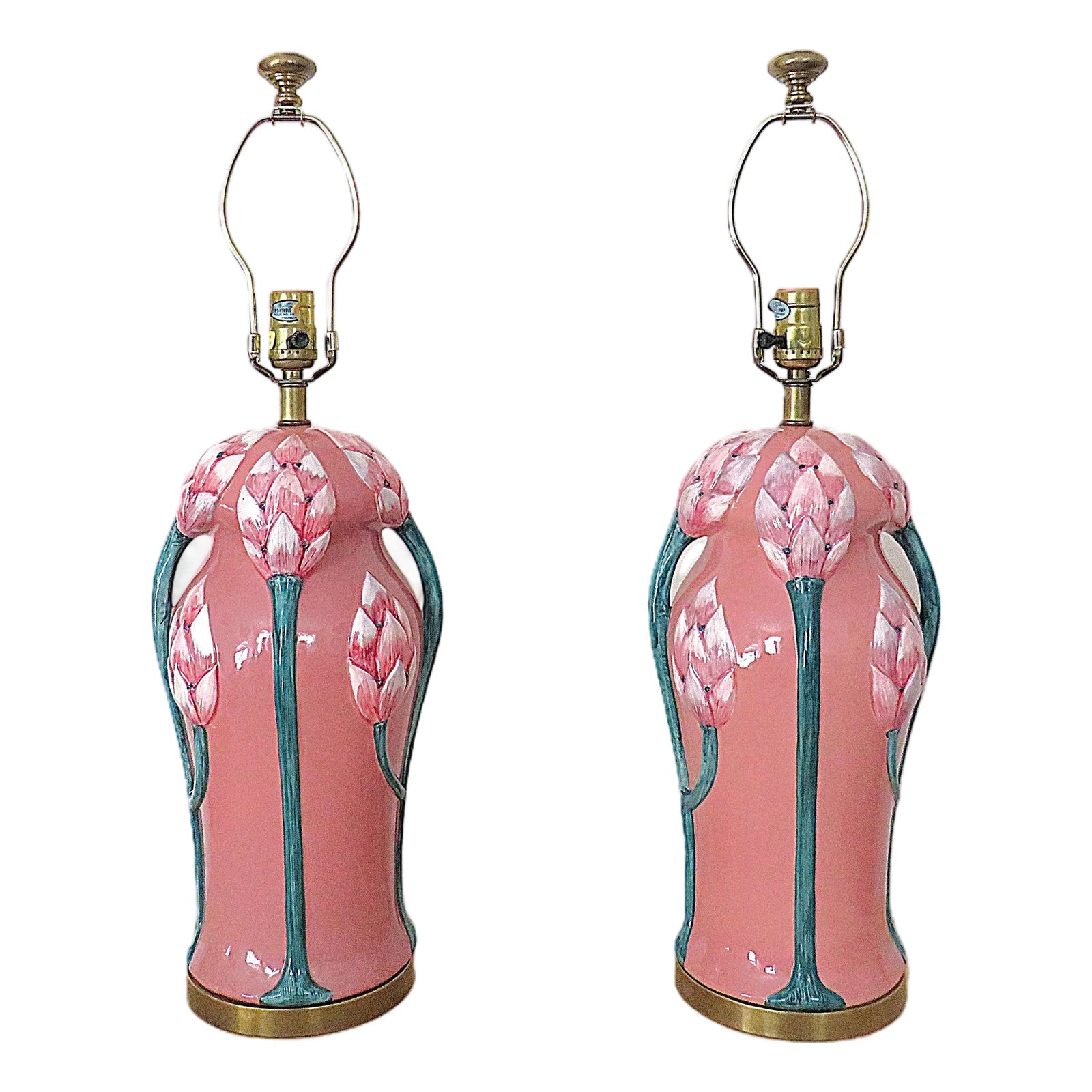 Pair of Pink Chapman Lotus Flower Table Lamps Post Art Nouveau Deco ...