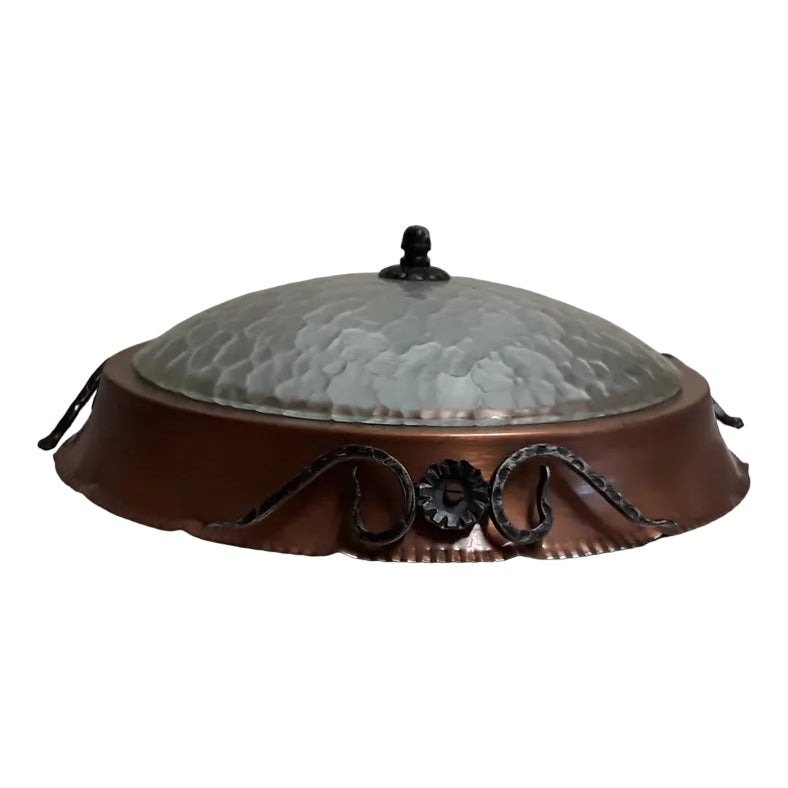 German Ceiling Lamp in Copper and Wrought Iron with Arched Glass Shade ...