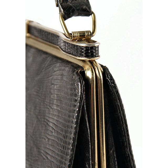 Vintage Black Structured Genuine Lizard Kelly Purse | Chairish