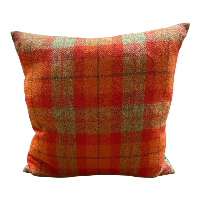 Harris Tweed Orange Check Fabric Square Pillow | Chairish