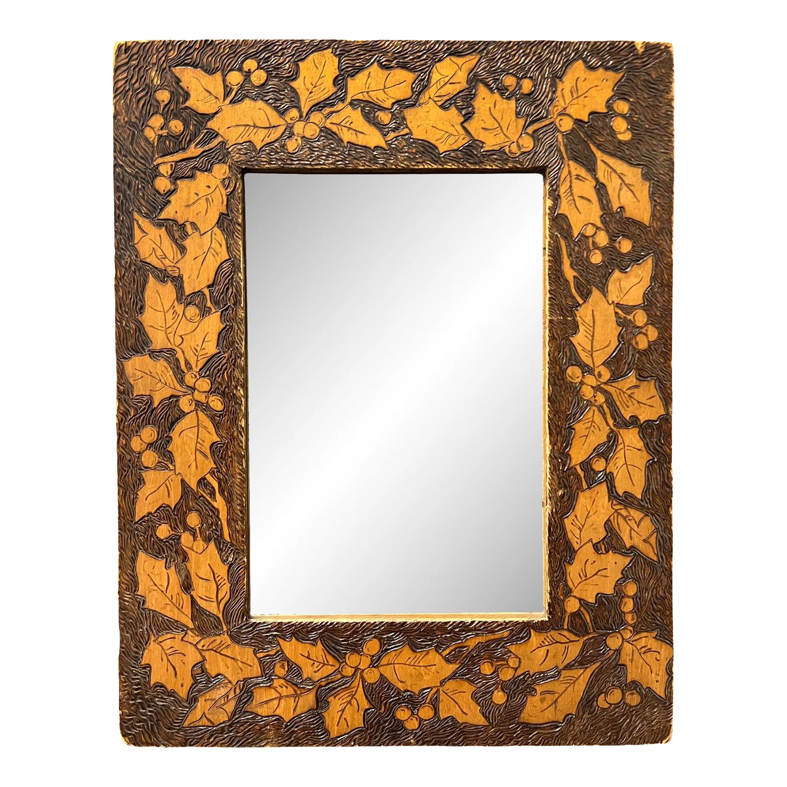 Late 19th Century American Pyrography Holly Framed Mirror | Chairish