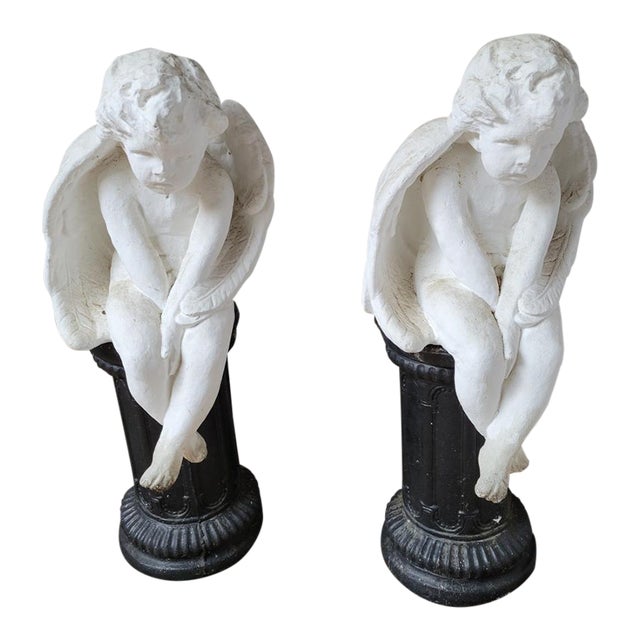 Vintage Concrete White Angels Putti Statues on Black Columns - a Pair ...