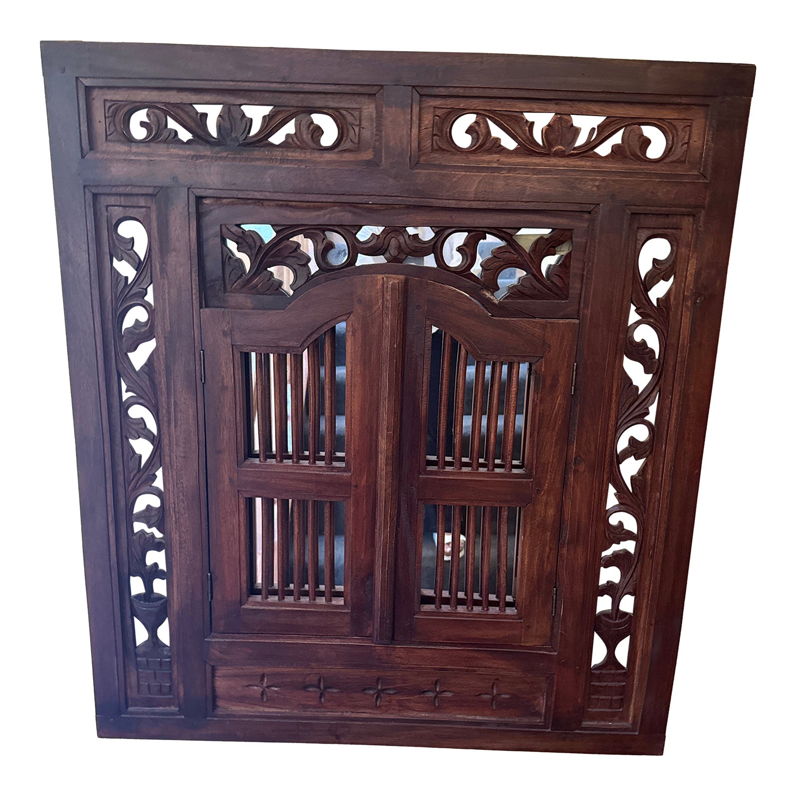 Asian Balinese Carved Teak Shutter Window Wall Mirror | Chairish