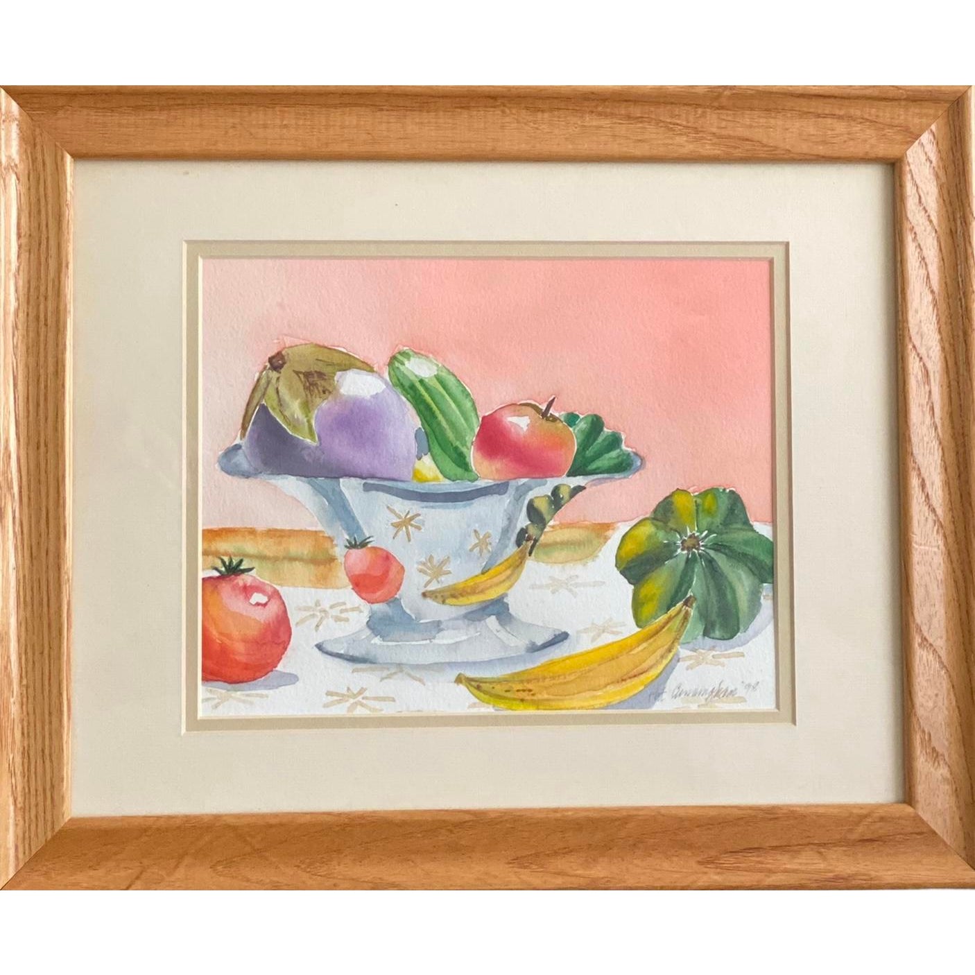 1990s Still Life Watercolor Painting of Fruits and Vegetables by Pat ...