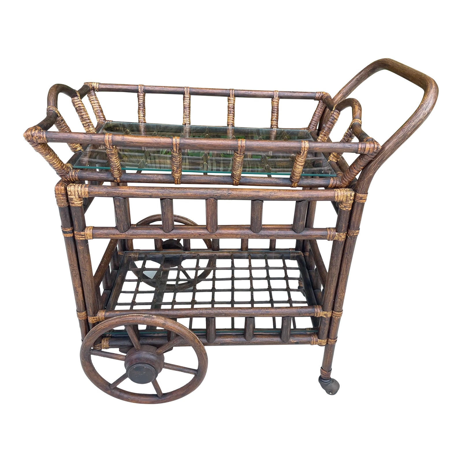 1990s Boho Chic Rattan Beverage Rolling Bar Cart With Removable Serving ...