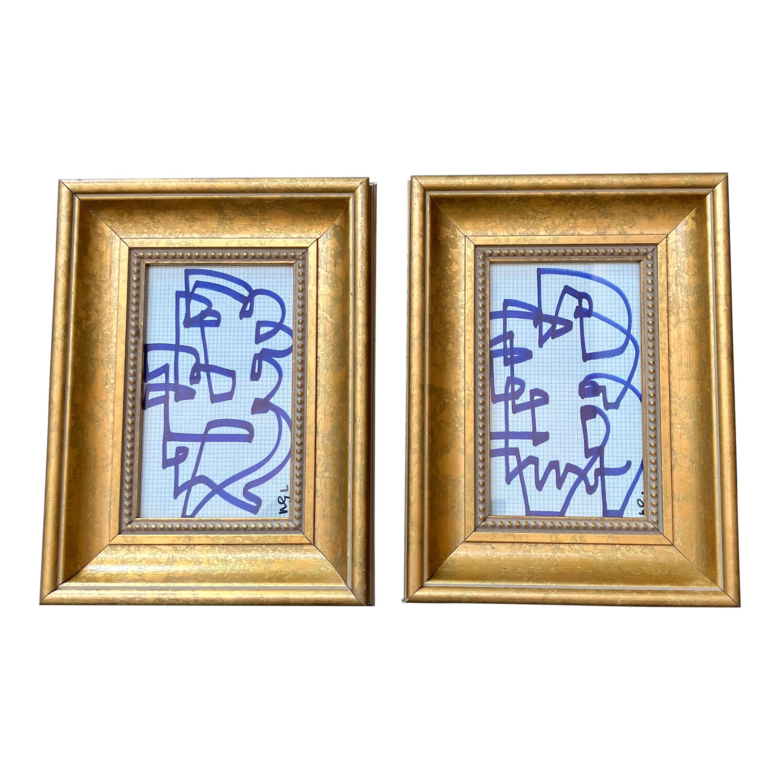 Contemporary 2 Original Wayne Cunningham Abstract Blue Marker Drawings ...