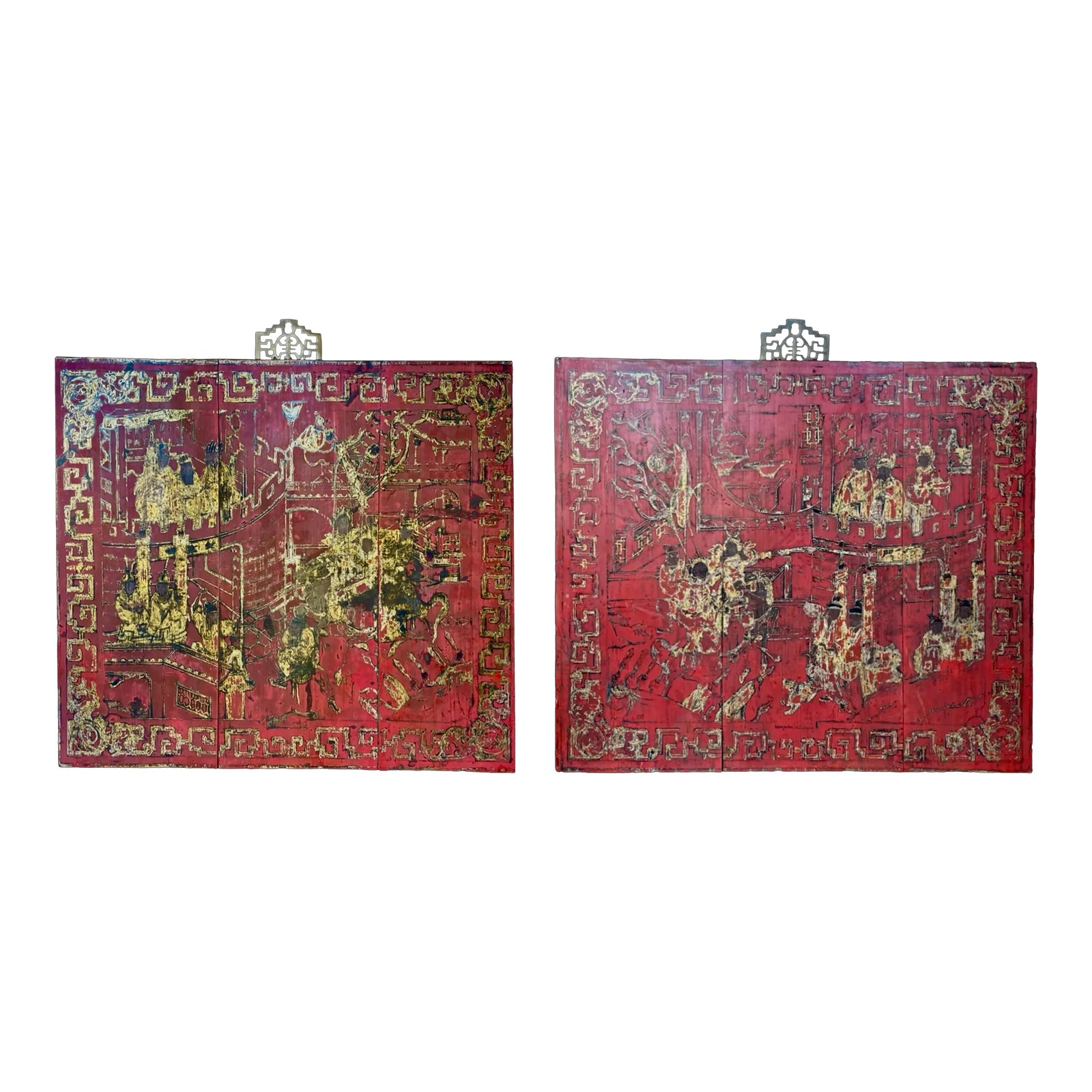 Antique Chinese Red Lacquer Panels With Gold Gilt- a Pair | Chairish