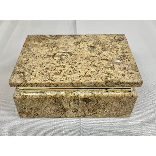 A Hinged Beige Rectangular Stone Box With Silvered Frame | Chairish