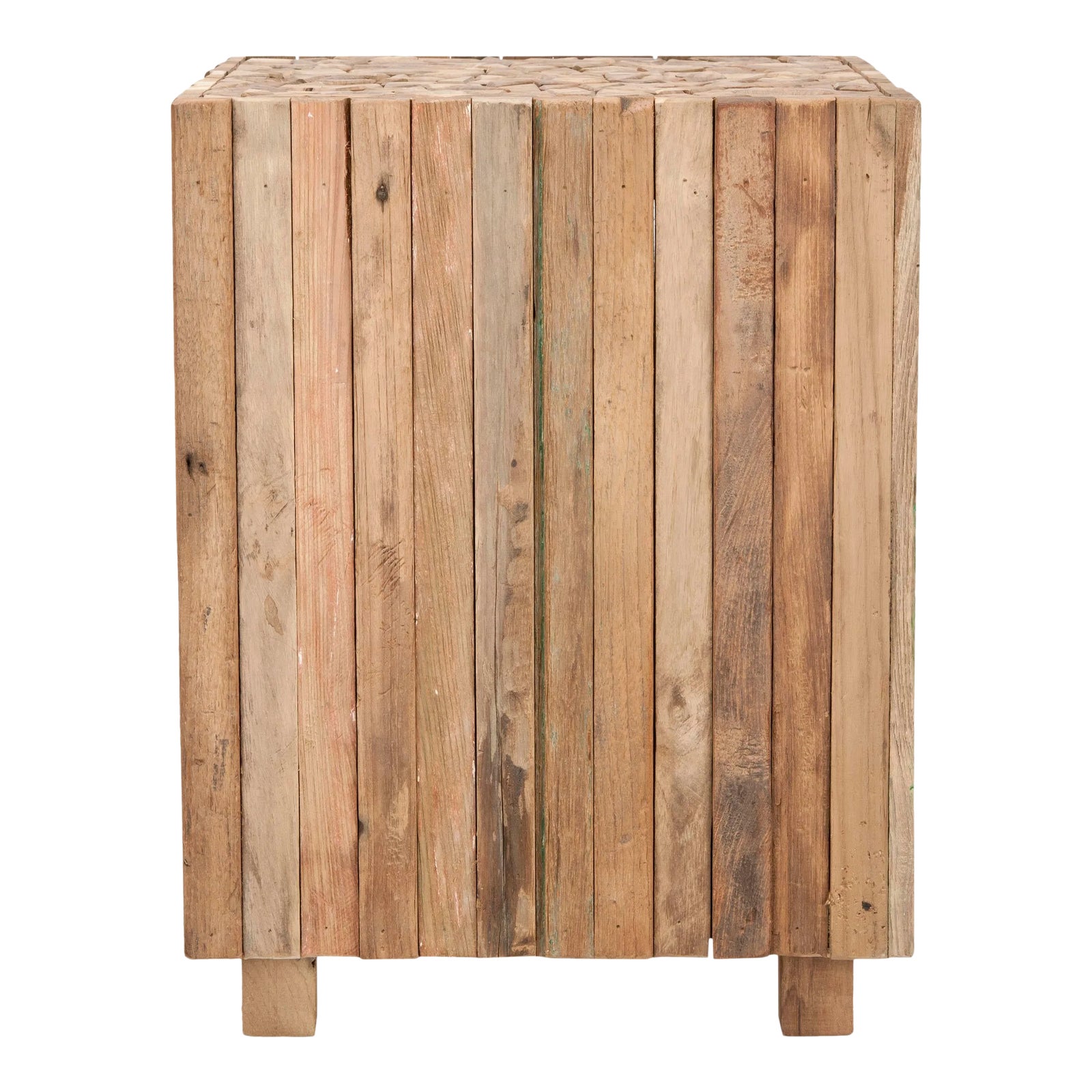 Rustic Wood Block Round Square End Table in Medium Oak | Chairish