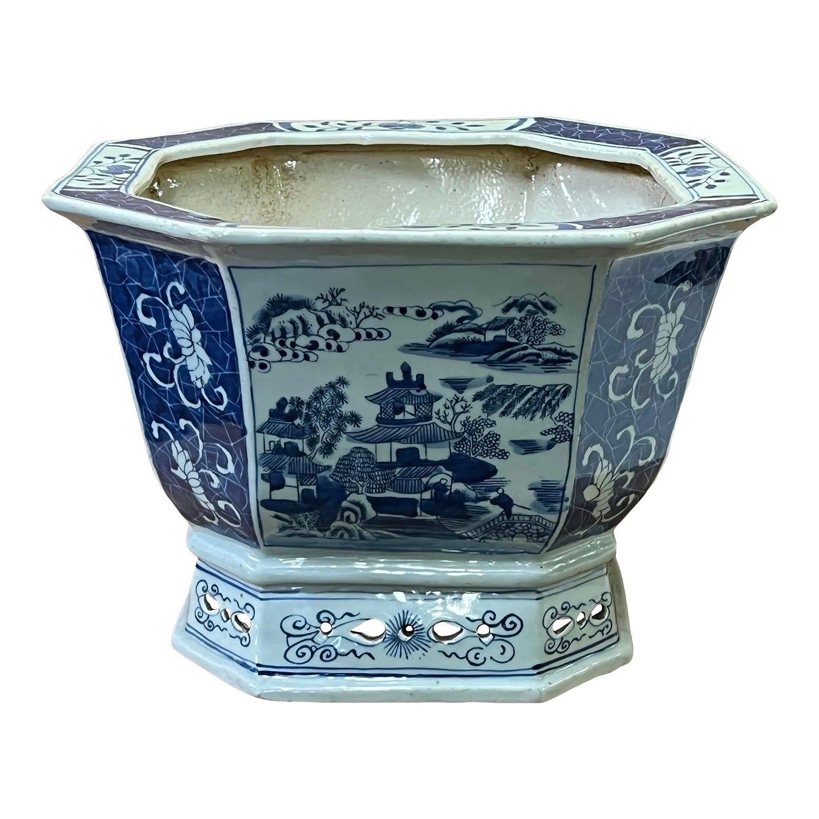 Chinese Blue White Oriental Scenery Porcelain Square Pot Planter | Chairish