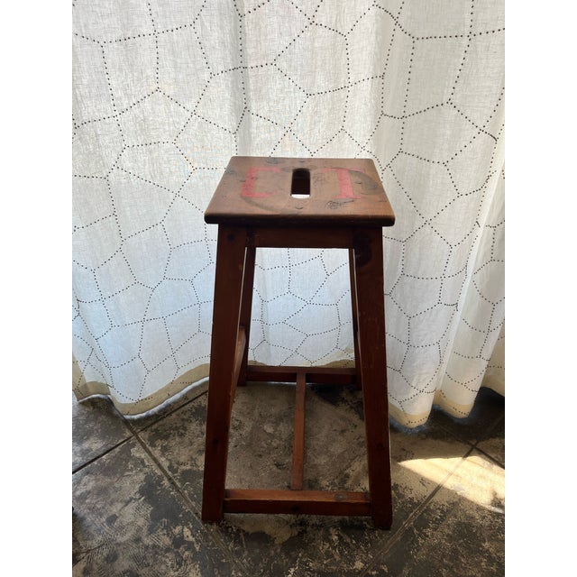 Late 20th Century Vintage Wood Stool With Printed Letters | Chairish