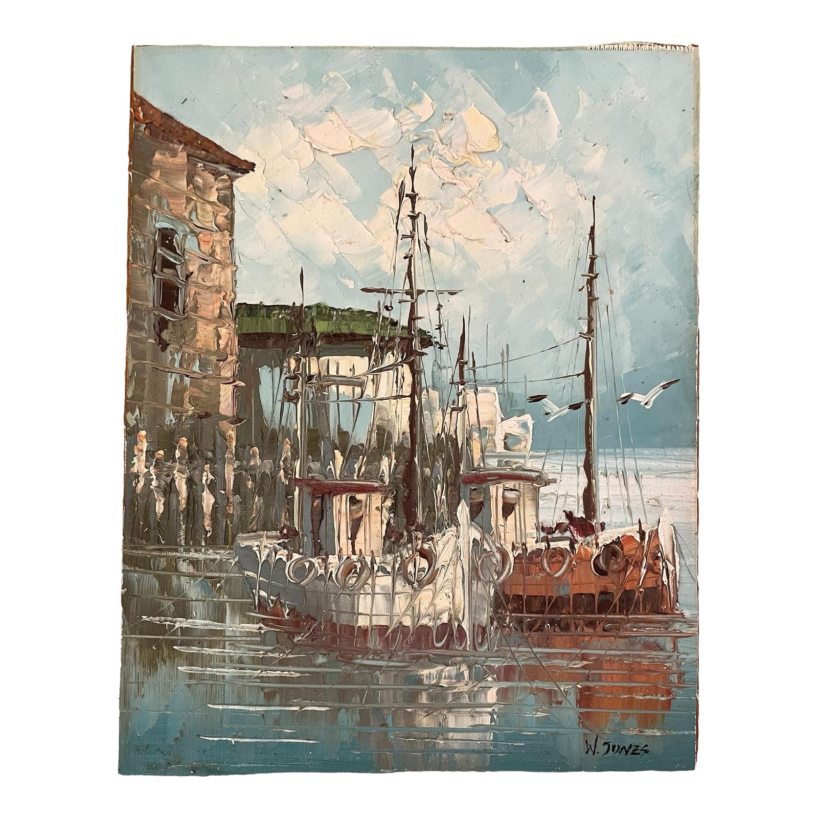 W. Jones Oil on Canvas Nautical Scene Sea Ocean Water Boats Coastal ...