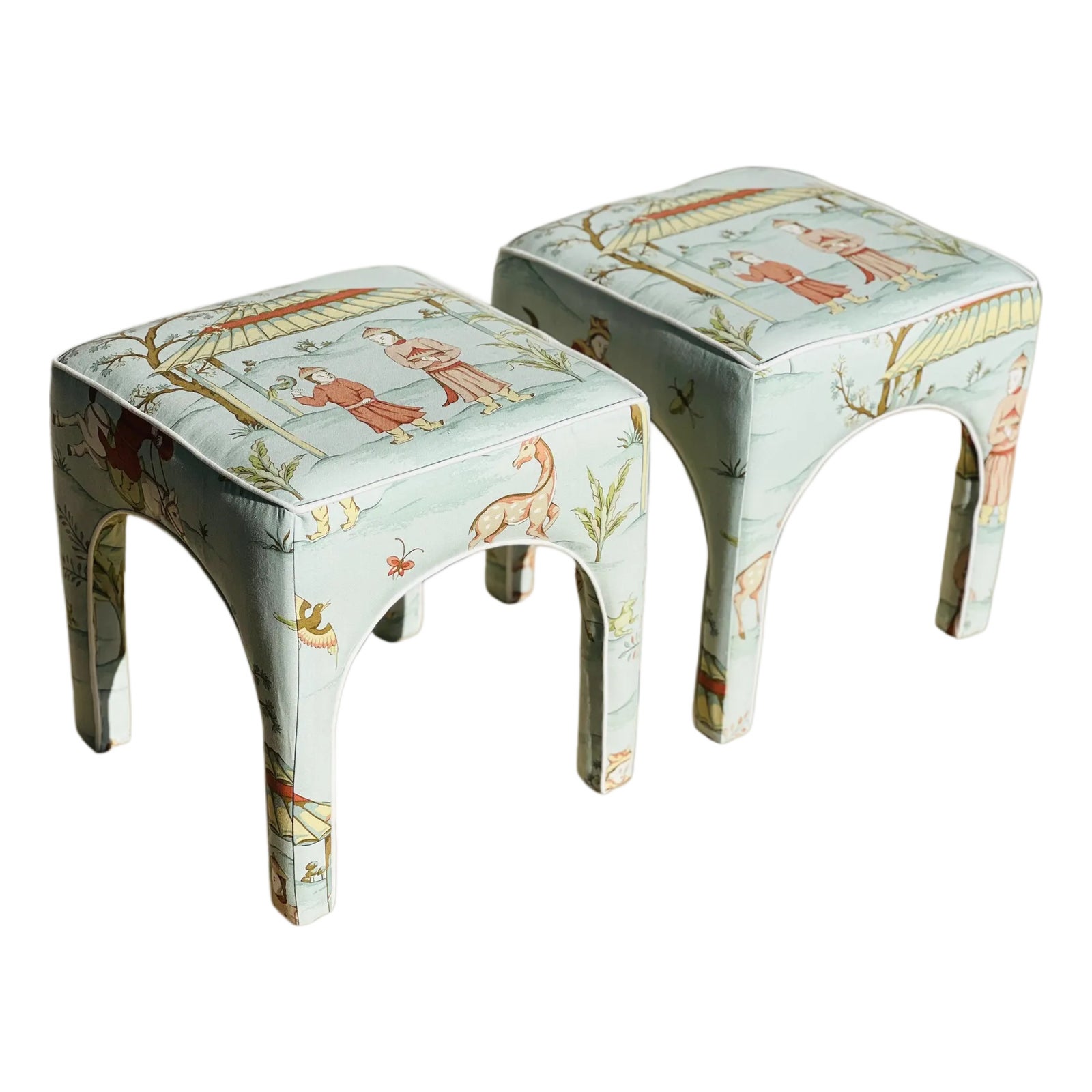 Pair of Upholstered Benches/Stools in Thibaut “Ting Yuan” | Chairish