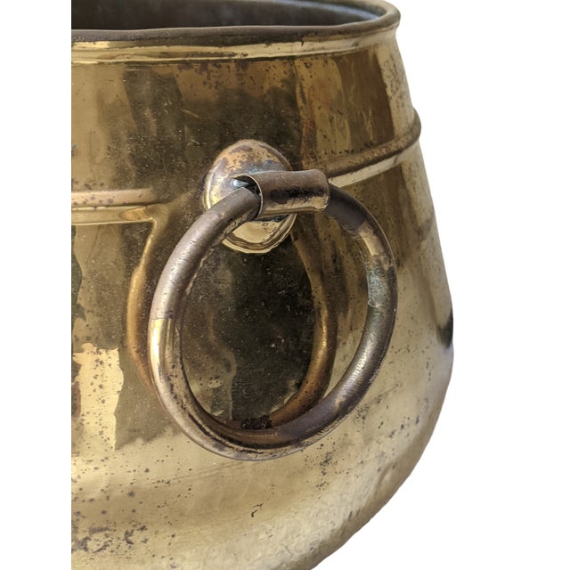 Vintage Hammered Brass Cachepot Jardiniere With Ring Pulls | Chairish