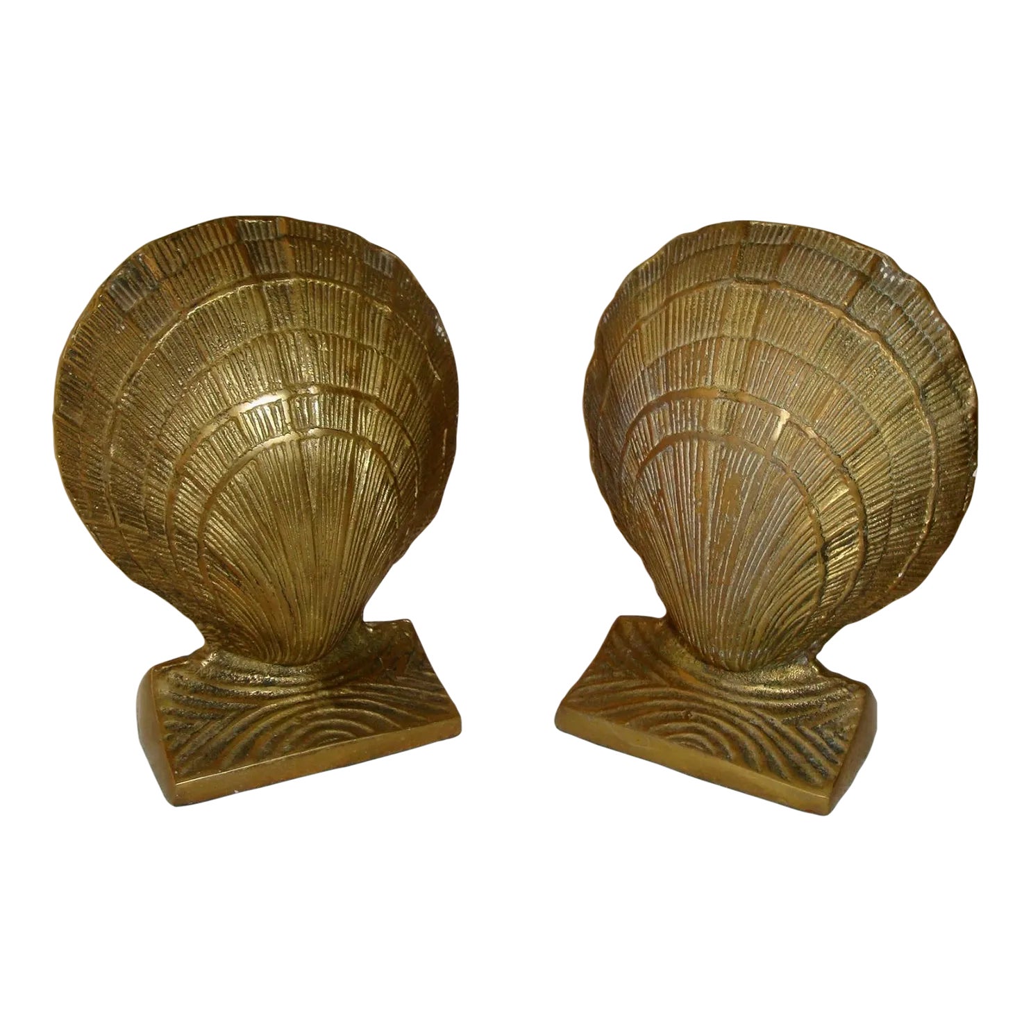 Pair Hefty Brass Scallop Shell Nautical Bookends | Chairish