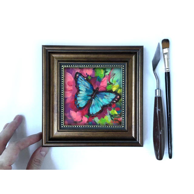 Framed Original Small Blue Butterfly Oil Painting by Valeriya Serova ...