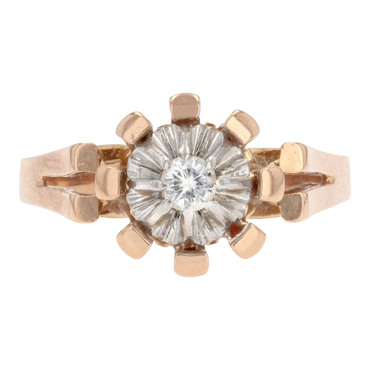 French 1960s Diamond 18 Karat Rose Gold Solitaire Ring Size 6.5 | Chairish