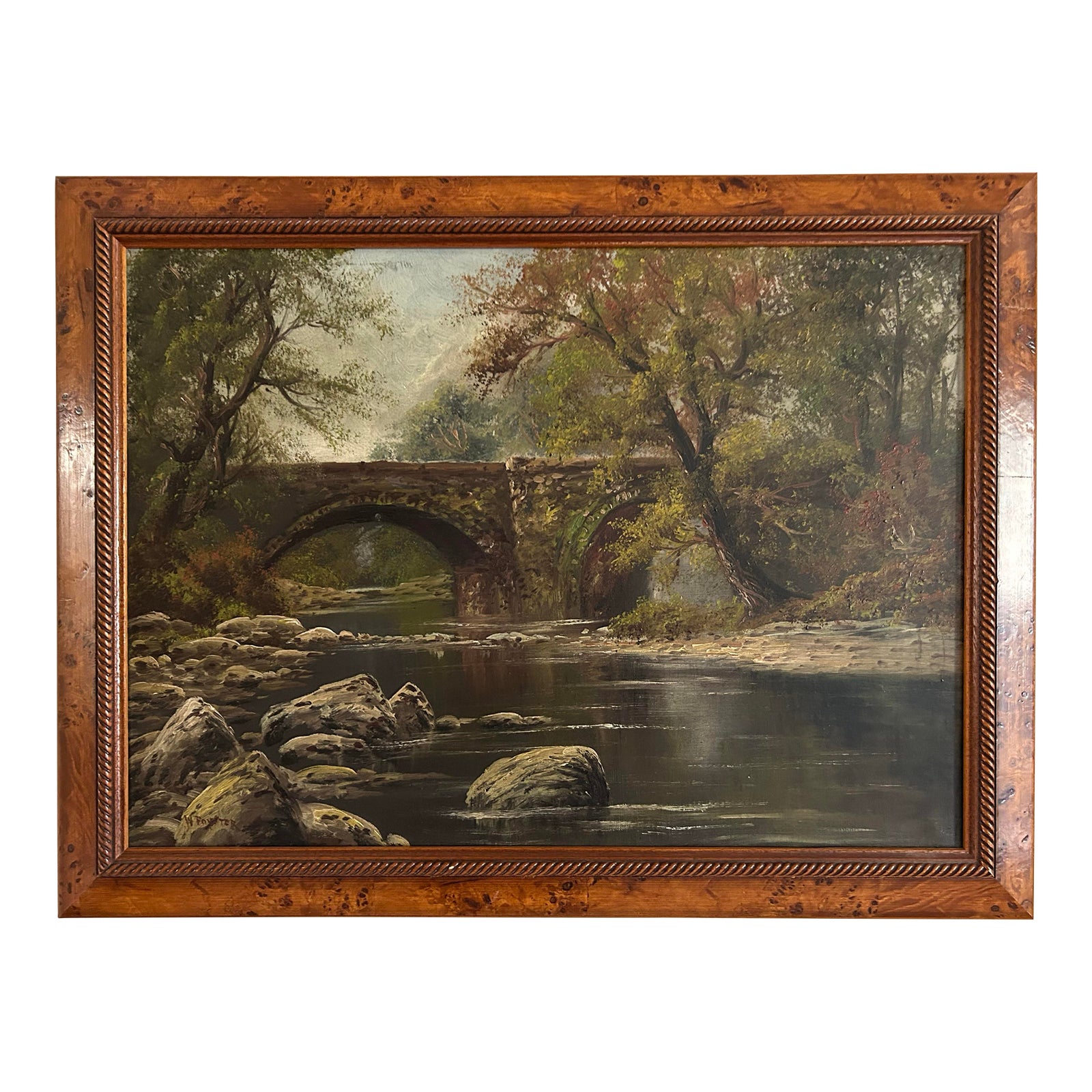 1940s Landscape Oil Painting on Linen of a Stone Bridge Over Creek ...