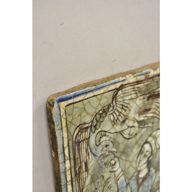 Antique Persian Iznik Qajar Style Ceramic Pottery Tile Light Blue Bird Rider C1 | Chairish