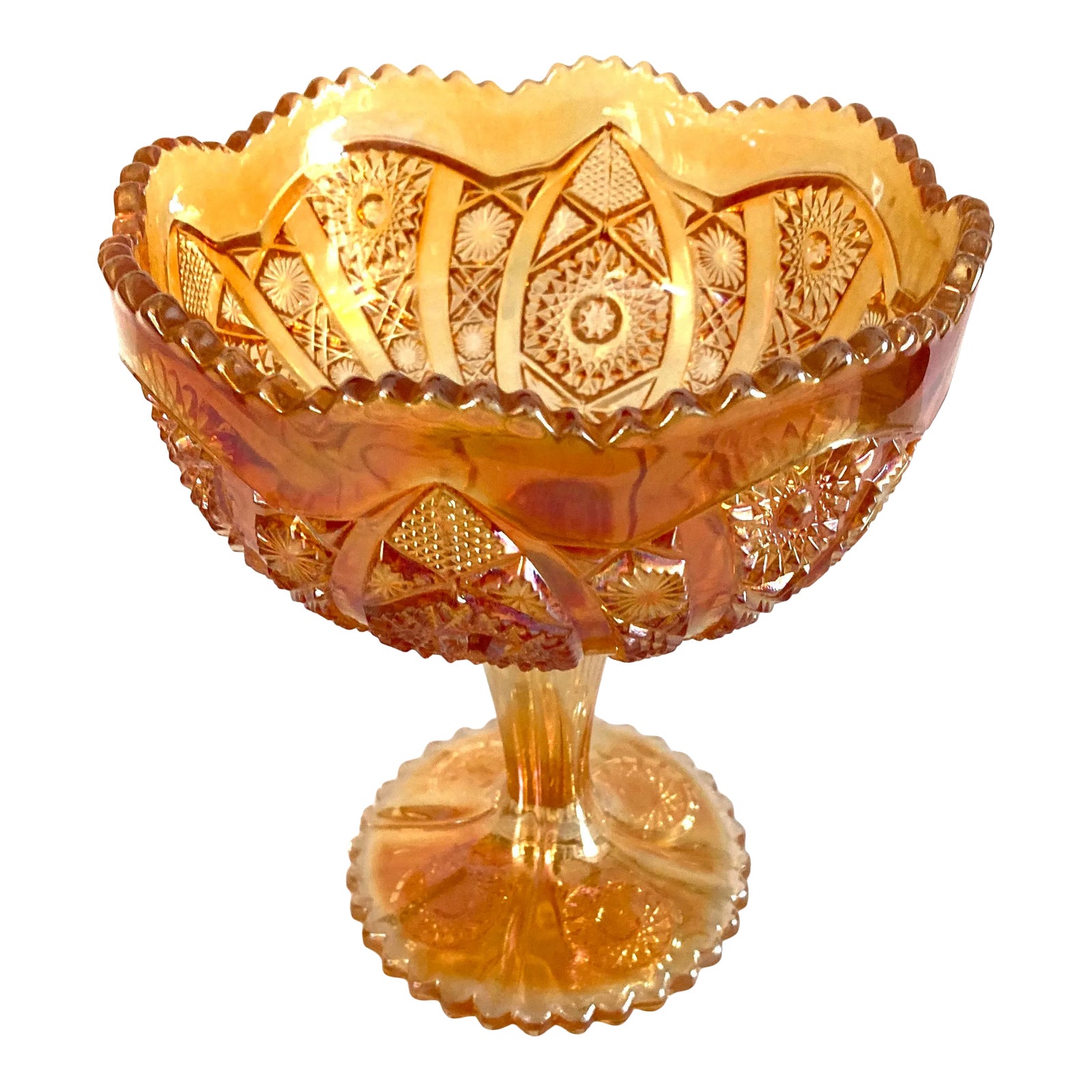 Vintage Fenton Carnival Glass Compote in Amber 8.25” Tall | Chairish