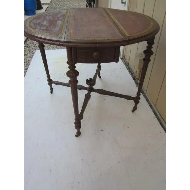 Early 1900s Side Round Table Two Drop Leaf on Wheels Two Drawer Dark ...