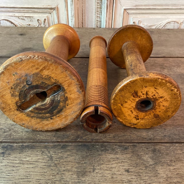 Antique Industrial Wood Textile Spools and Bobbin-Set of 3 | Chairish