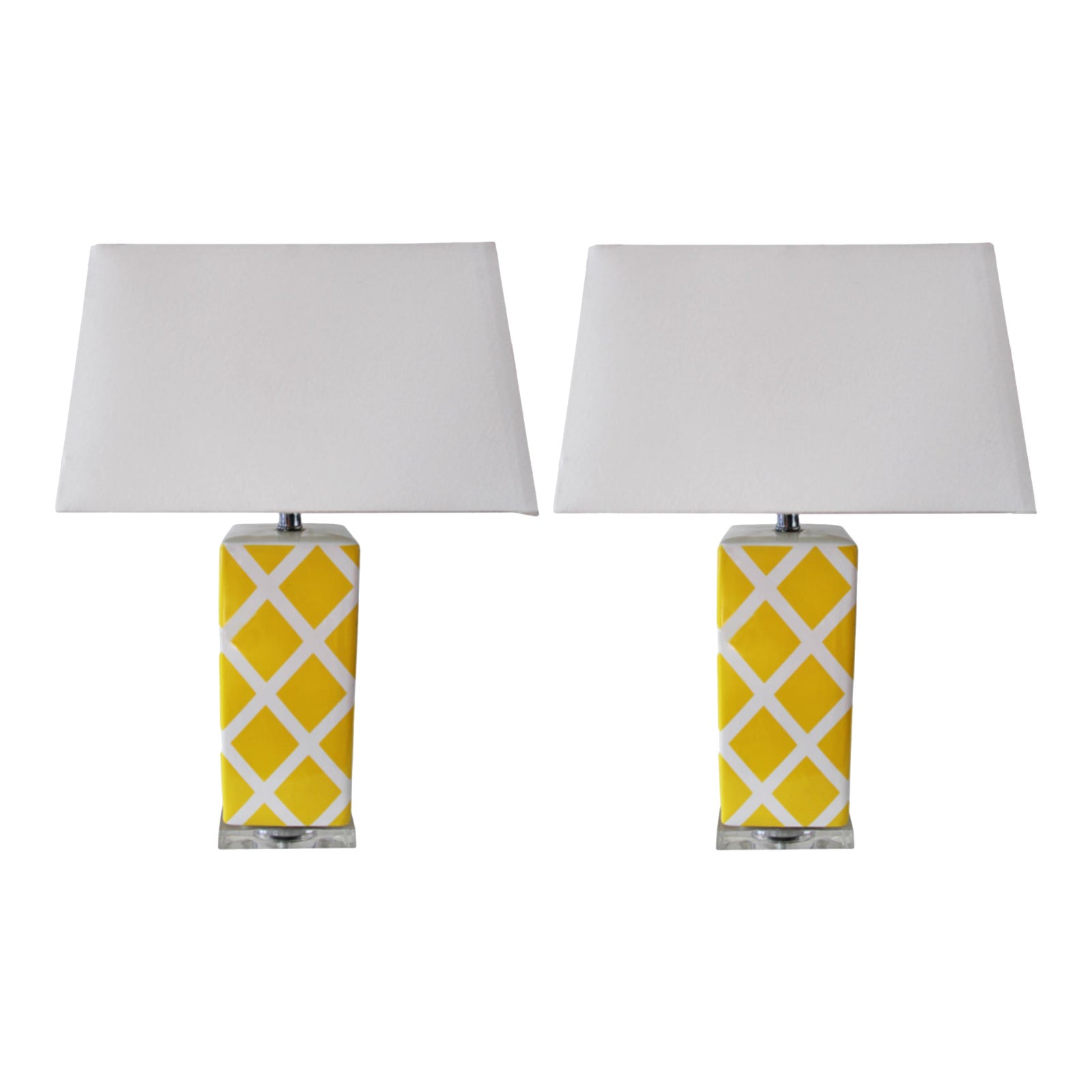Late 20th Century Yellow and White Diamond Patterned Table Lamps With ...