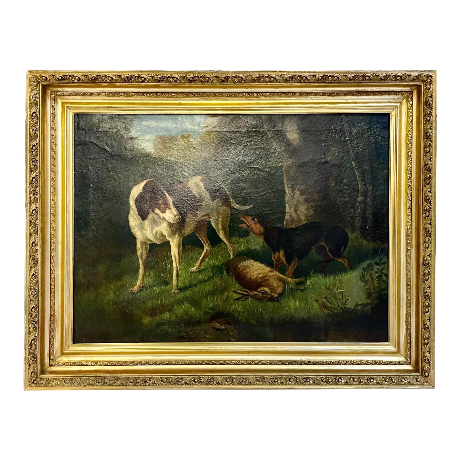 Antique Hunt Scene Dogs in the Forest Painting | Chairish