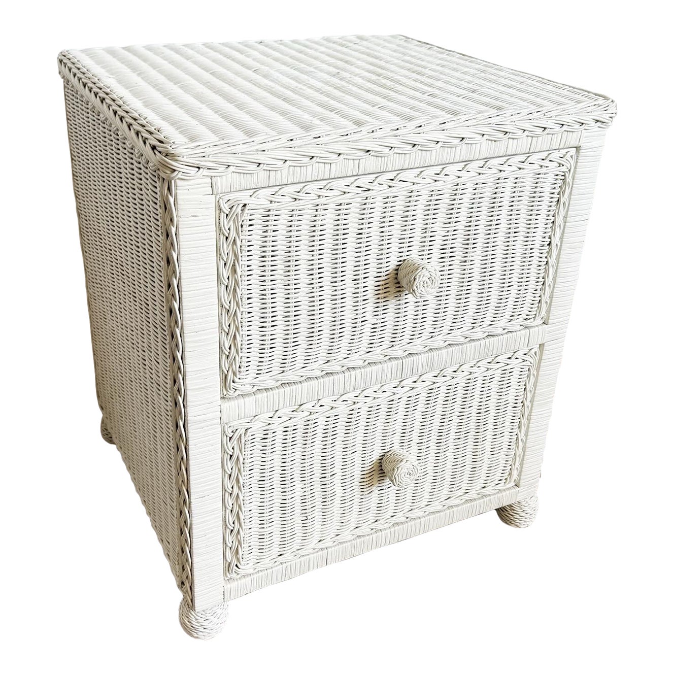 Coastal White Wicker Nightstand - 2 Drawers | Chairish
