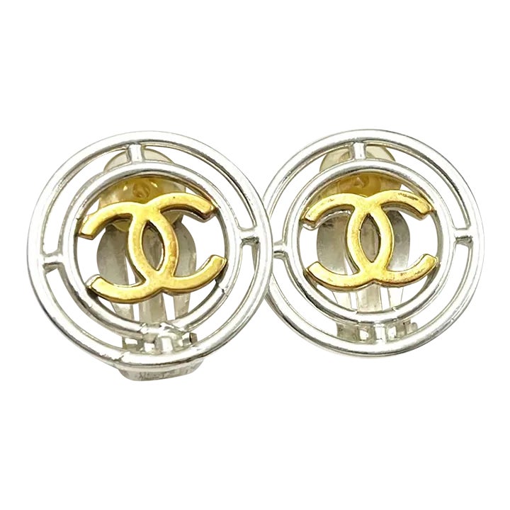 Chanel Vintage Gold Plated CC Silver Round Wheel Clip on Earrings - 2 ...
