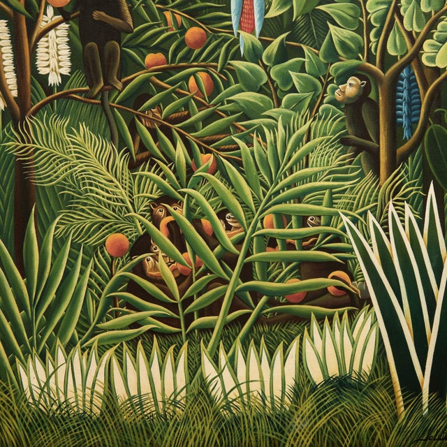 Vintage Haitian Painting of a Jungle Scene With Monkeys | Chairish