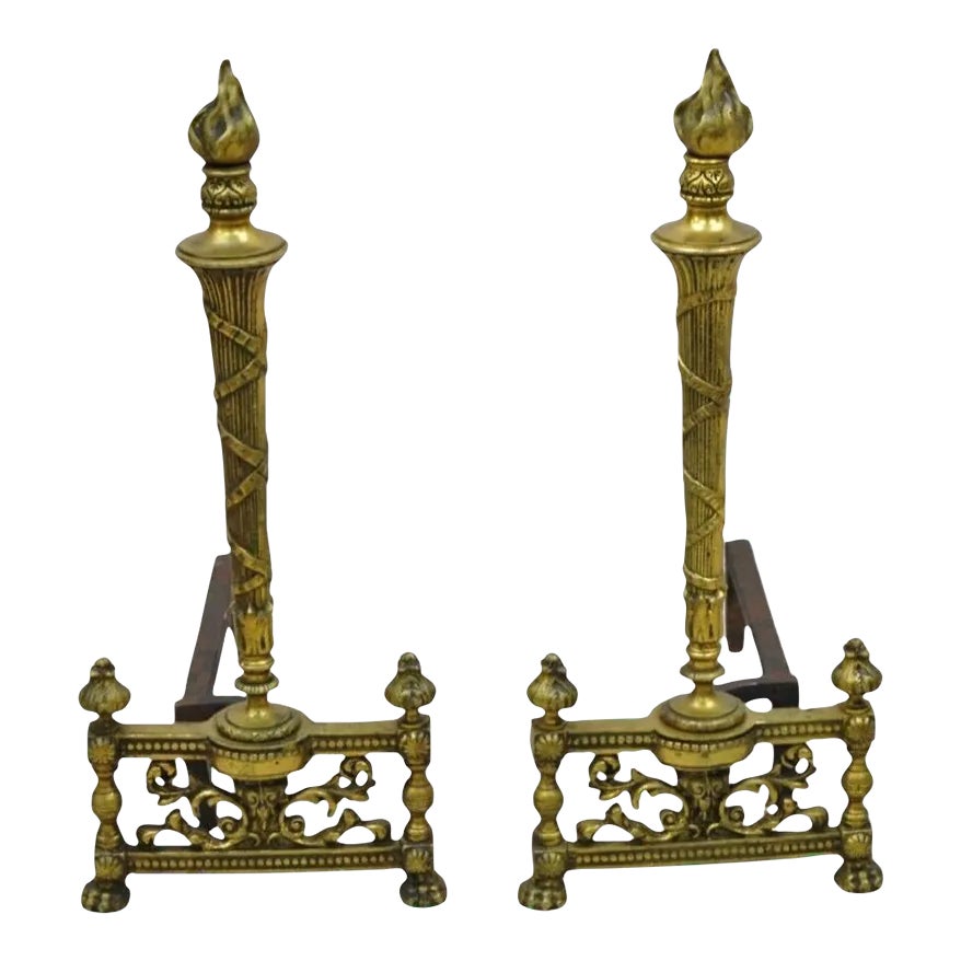 Antique French Empire Style Flame Finial Brass and Cast Iron Andirons ...
