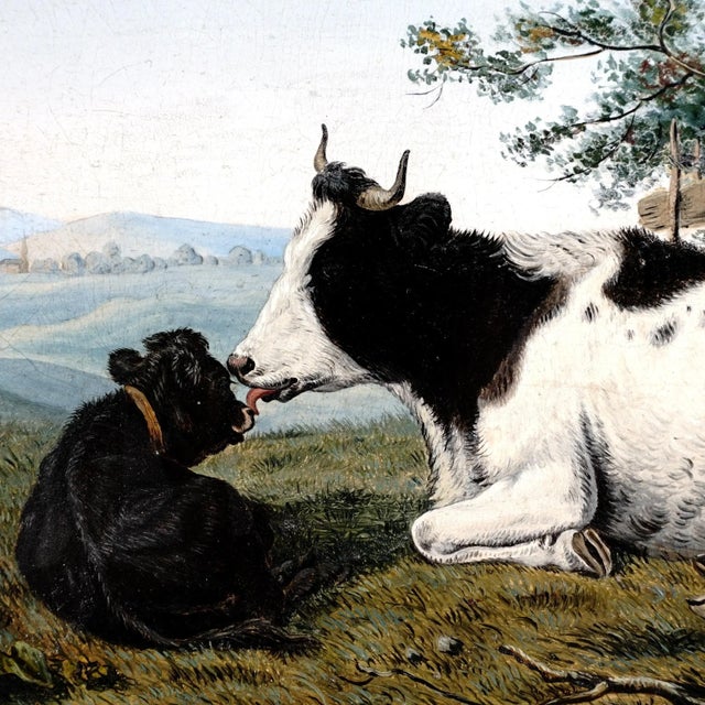 Victorian Oil Painting of a Cow & Calf, Dated 1854, Pastoral Farm Scene ...