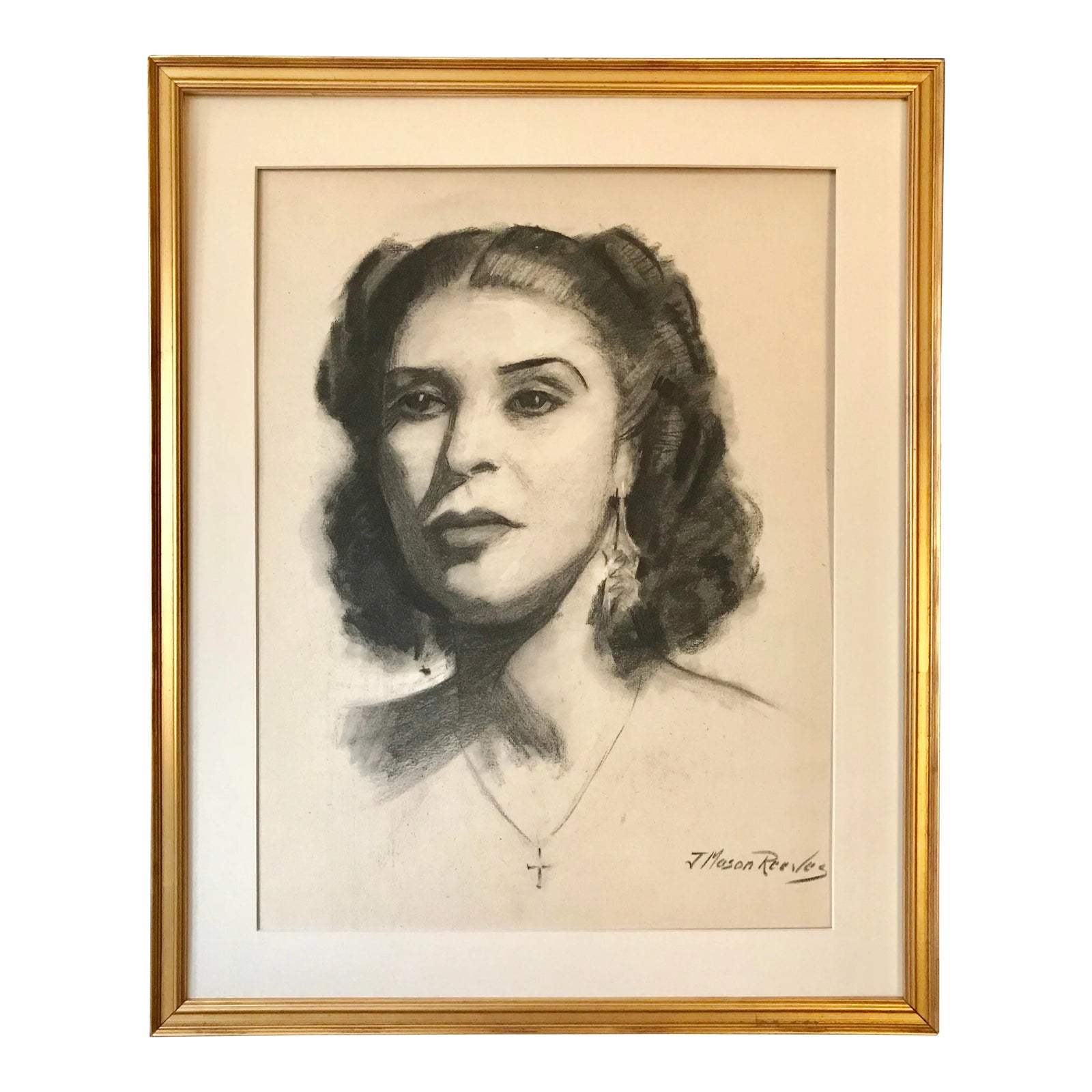 Vintage Mid Century Portrait Drawing a Woman by J. Mason Reeves | Chairish