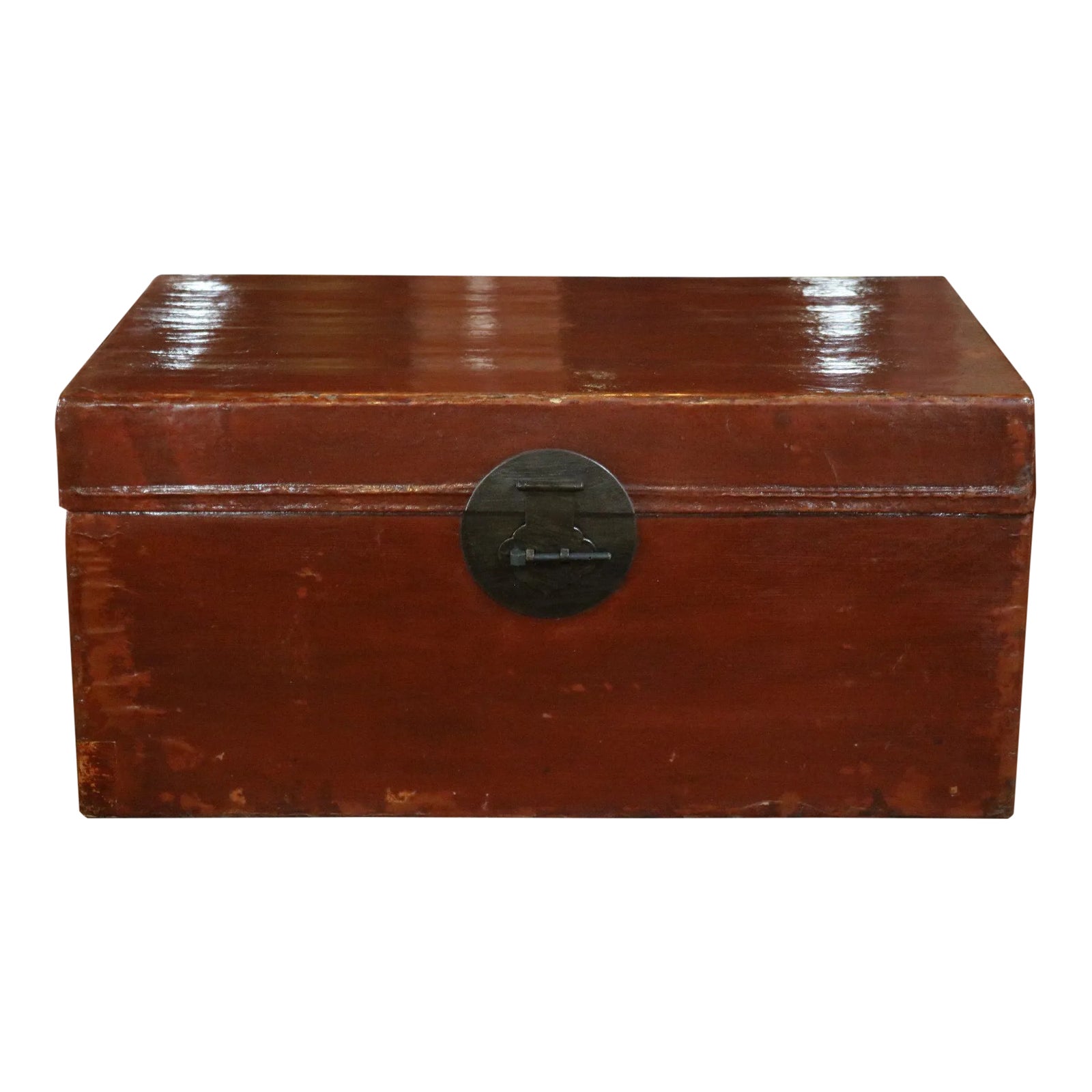 Chinese Red Leather Trunk | Chairish
