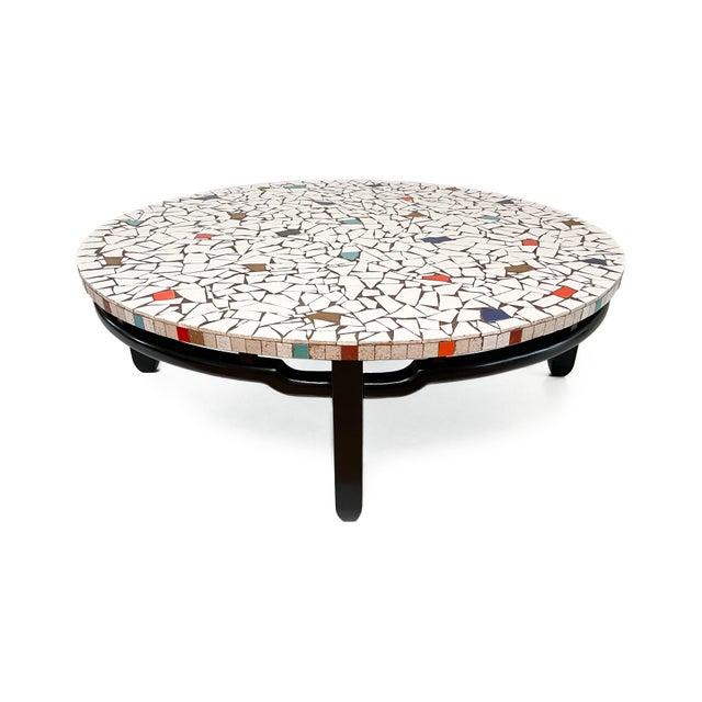 Mid-Century Mosaic Tile Top Round Coffee Table | Chairish