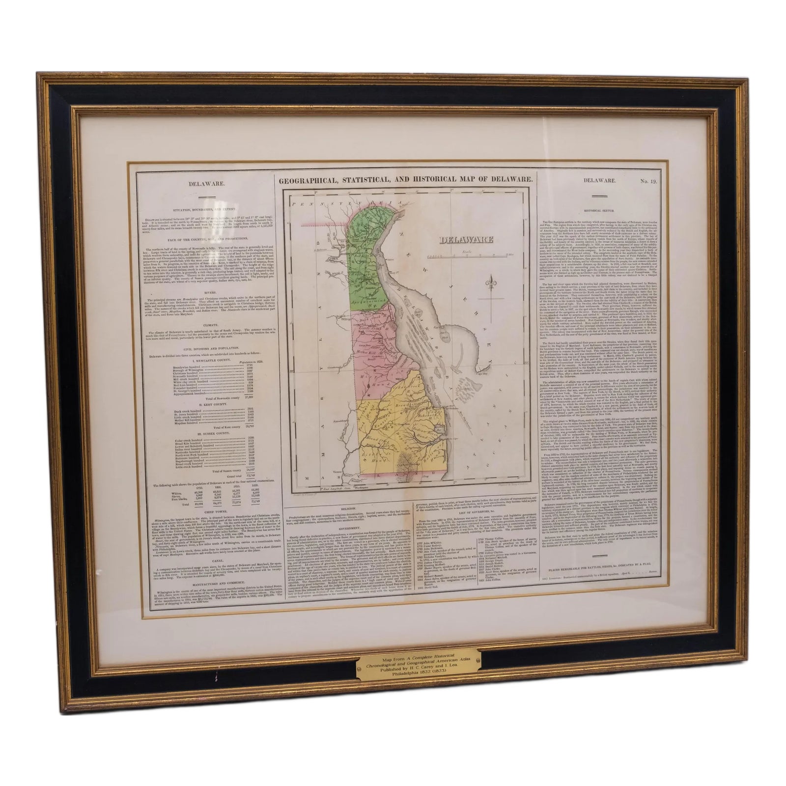 Framed Geographical Statistical & Historical Map of Delaware Atlas ...