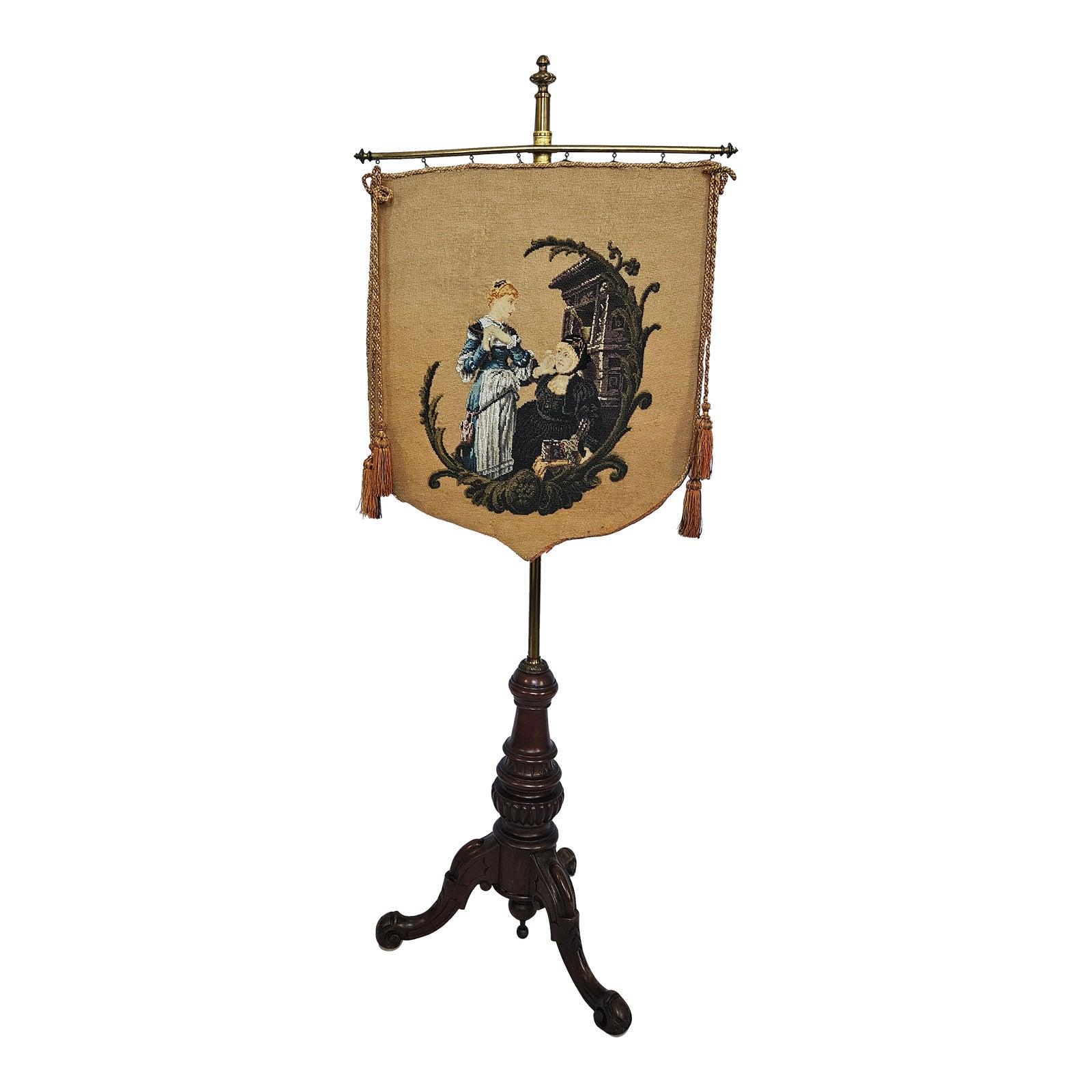 Antique Regency English Walnut Beaded Tapestry Pole Stand | Chairish