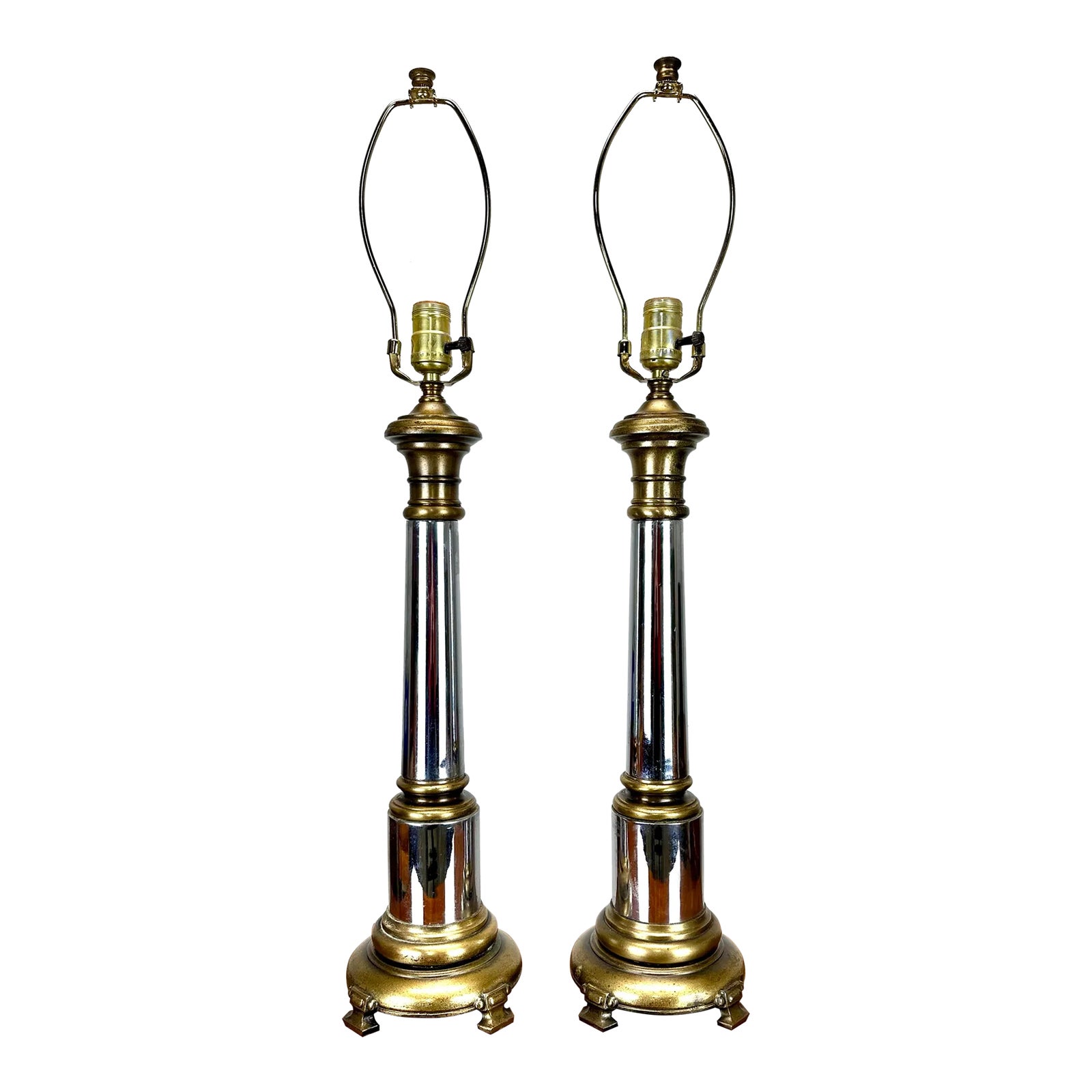 Mid Century Chrome and Antique Brass Column Table Lamps by Knob Creek ...
