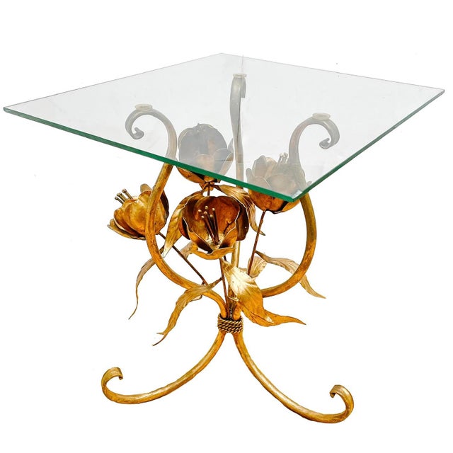 1970s Hans Kögl Gold Tole Flower Accent Tables With Glass Tops - a Pair ...