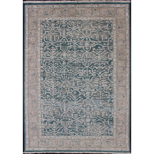Modern Khotan Rug With Geometric Design in Teal Green/Blue Background ...