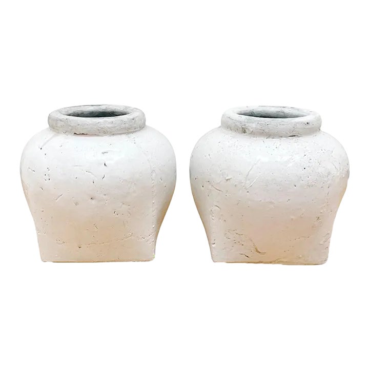 White Distressed Glazed Clay Vases - a Pair | Chairish