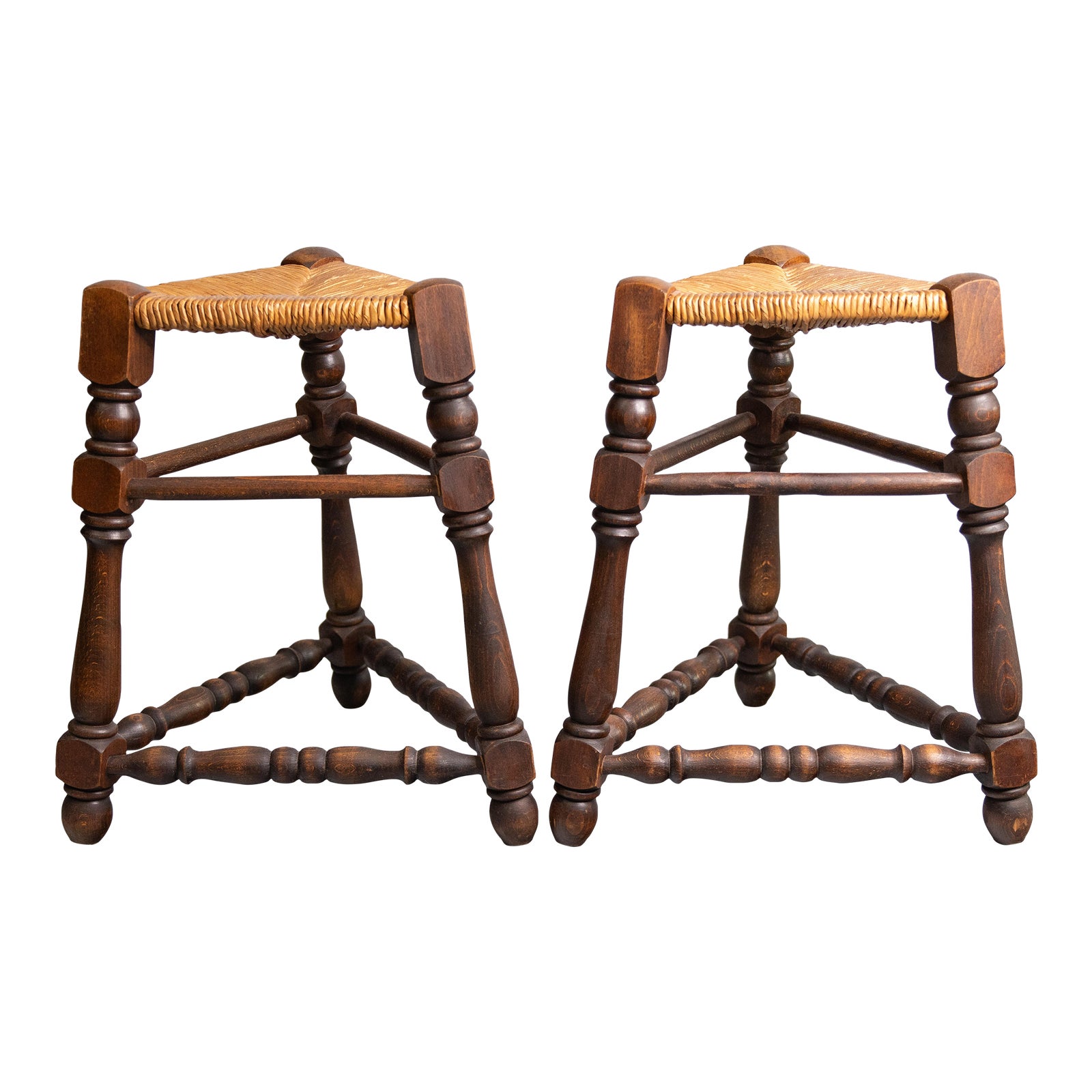 Antique French Triangular Oak Stools With Woven Rush Seats, Circa 1900 ...