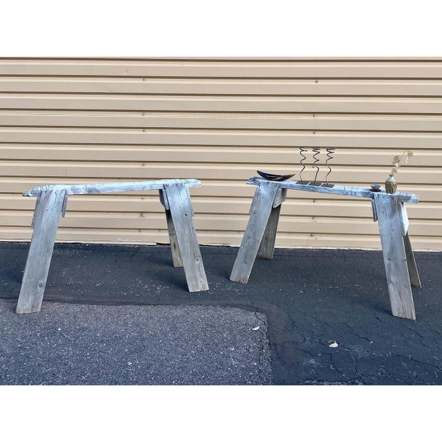 Weathered Rustic Organic Modern Sawhorse Console Tables / Desk Bases, a ...