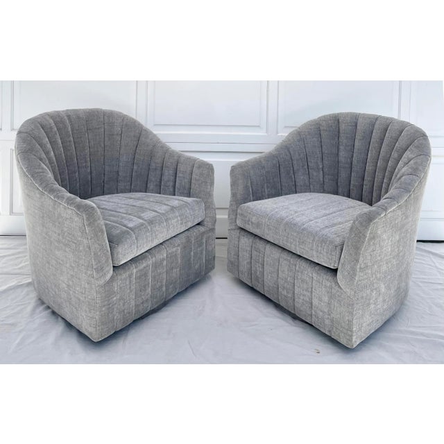 Vintage Pair of Gray Swivel Lounge Chairs With Channel Detail Newly Reupholstered | Chairish